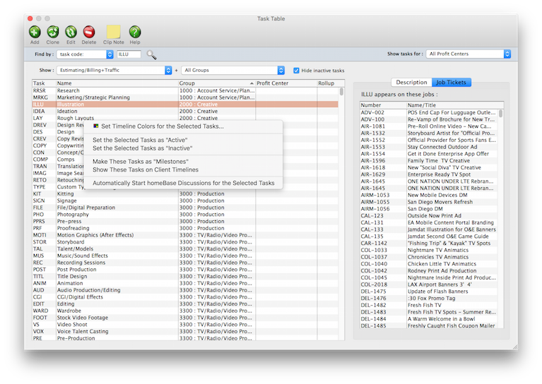 Clients & Profits | Visual Feature Guide | Setup | Task table